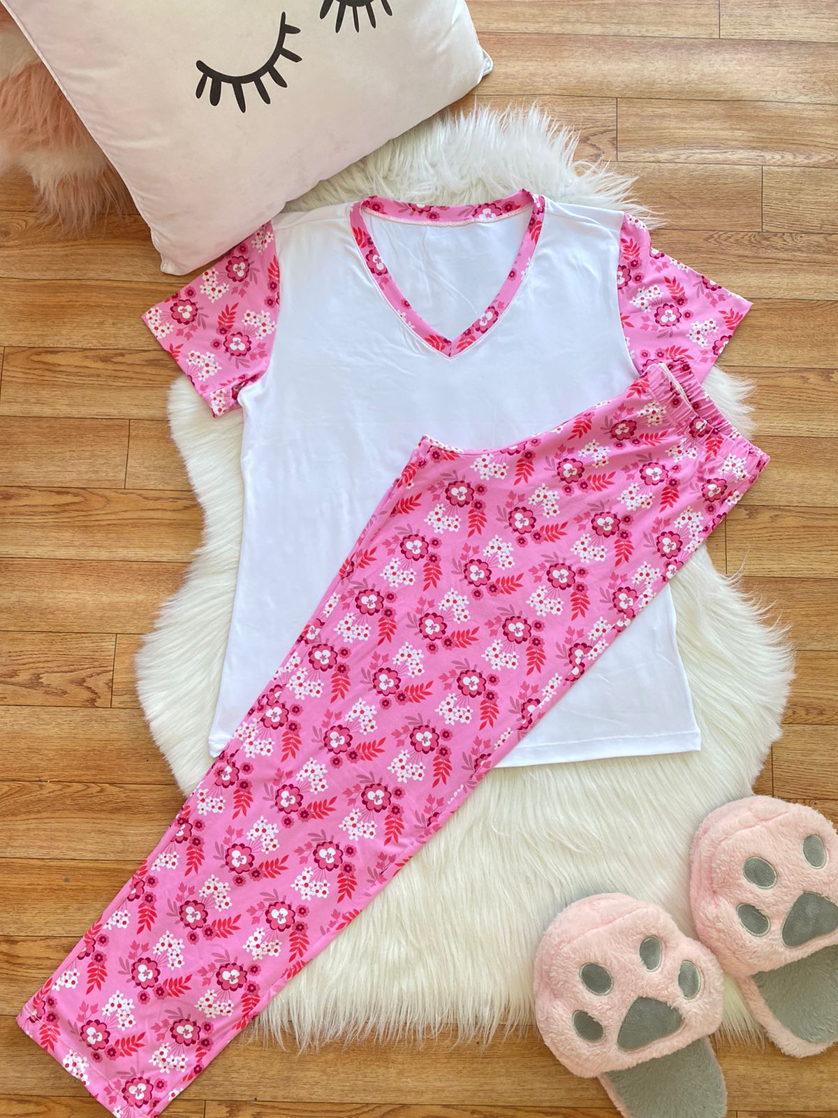 Pijama Pantalón Señorero Matas Rosa Y Blanco - Rosa Pastell